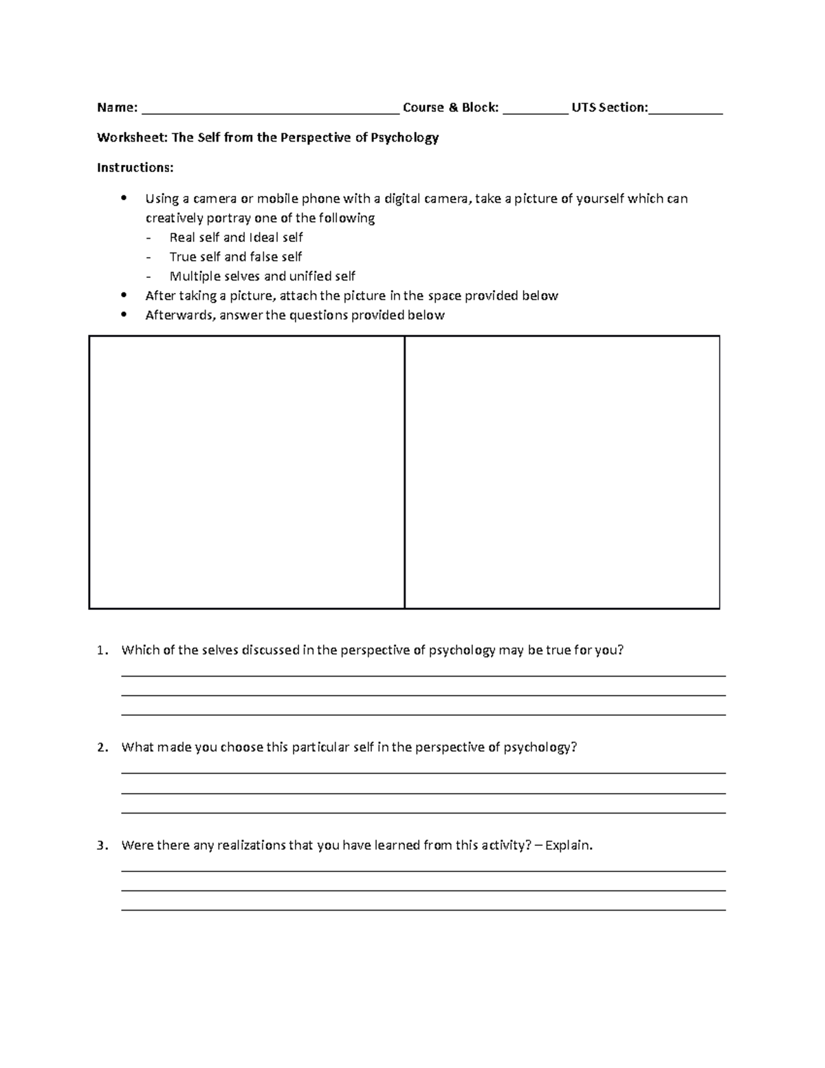 UTS Psychological Self Activity - Name ...