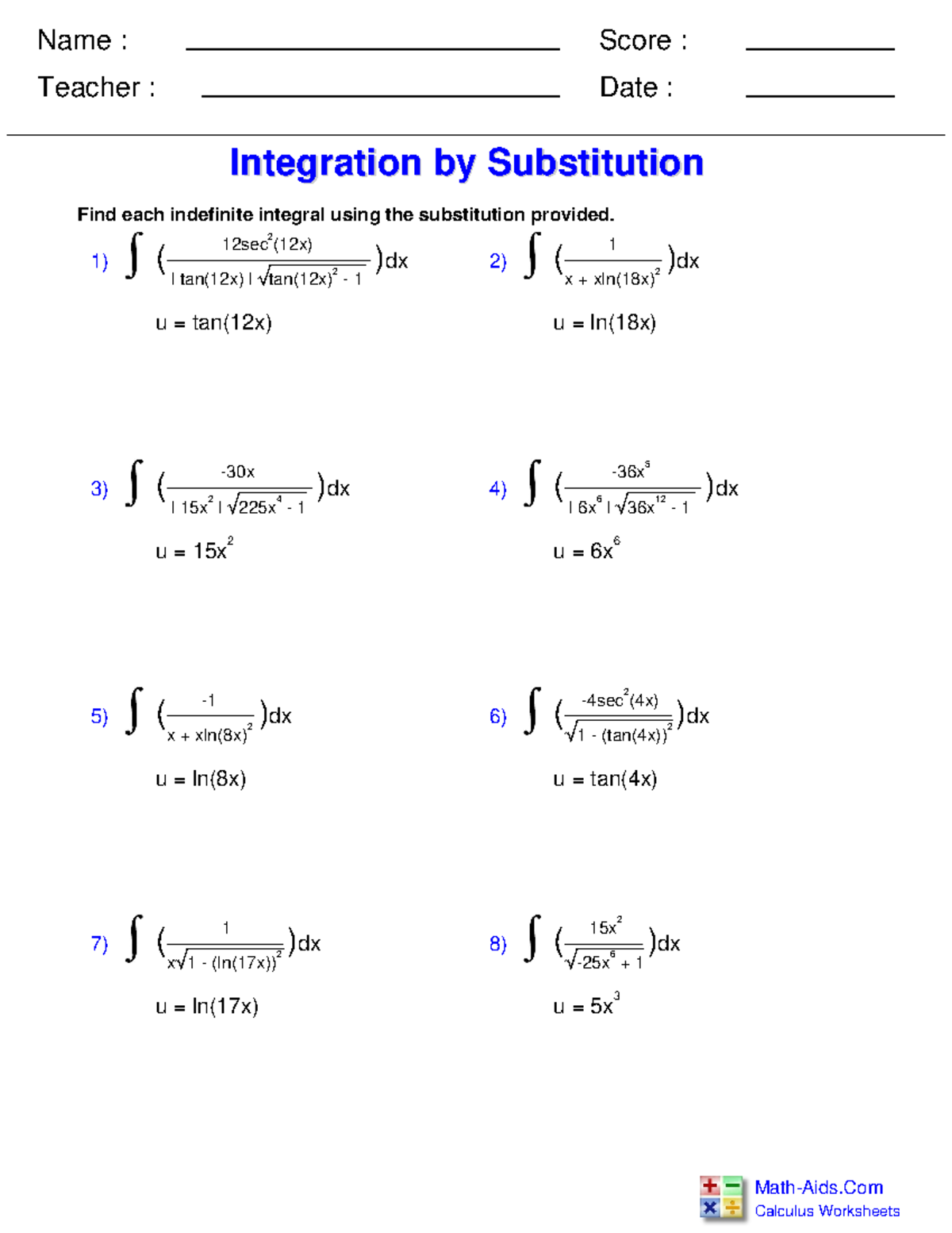 Calc Review Integration (37) - Find each indefinite integral using the substitution provided ...