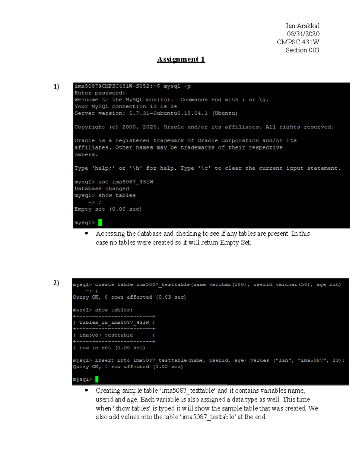Assignment 1 - Asgginment - Ian Arakkal 08/31/ CMPSC 431W Section 003 Assignment 1 1) Accessing ...