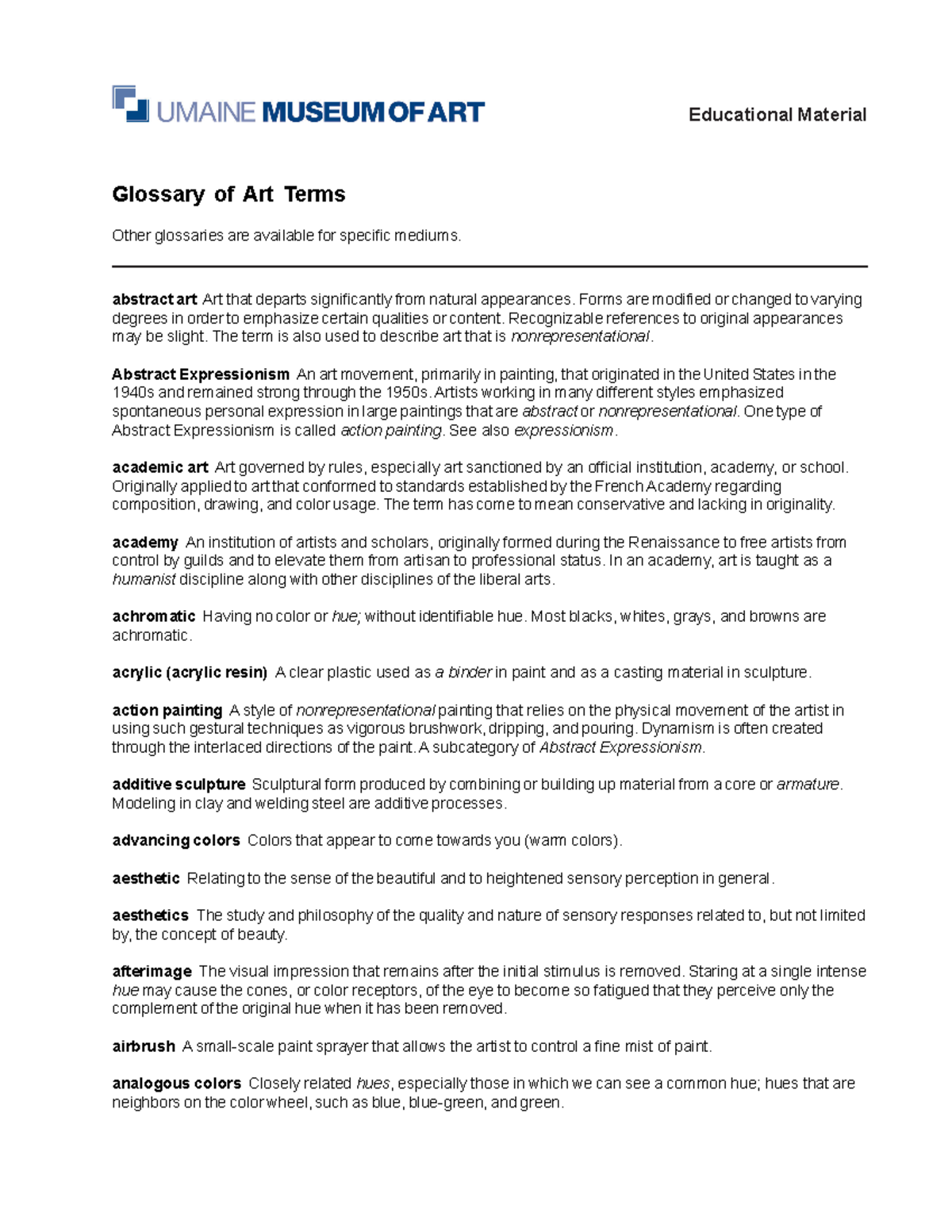 Art Glossary - Educational Material Glossary of Art Terms Other ...