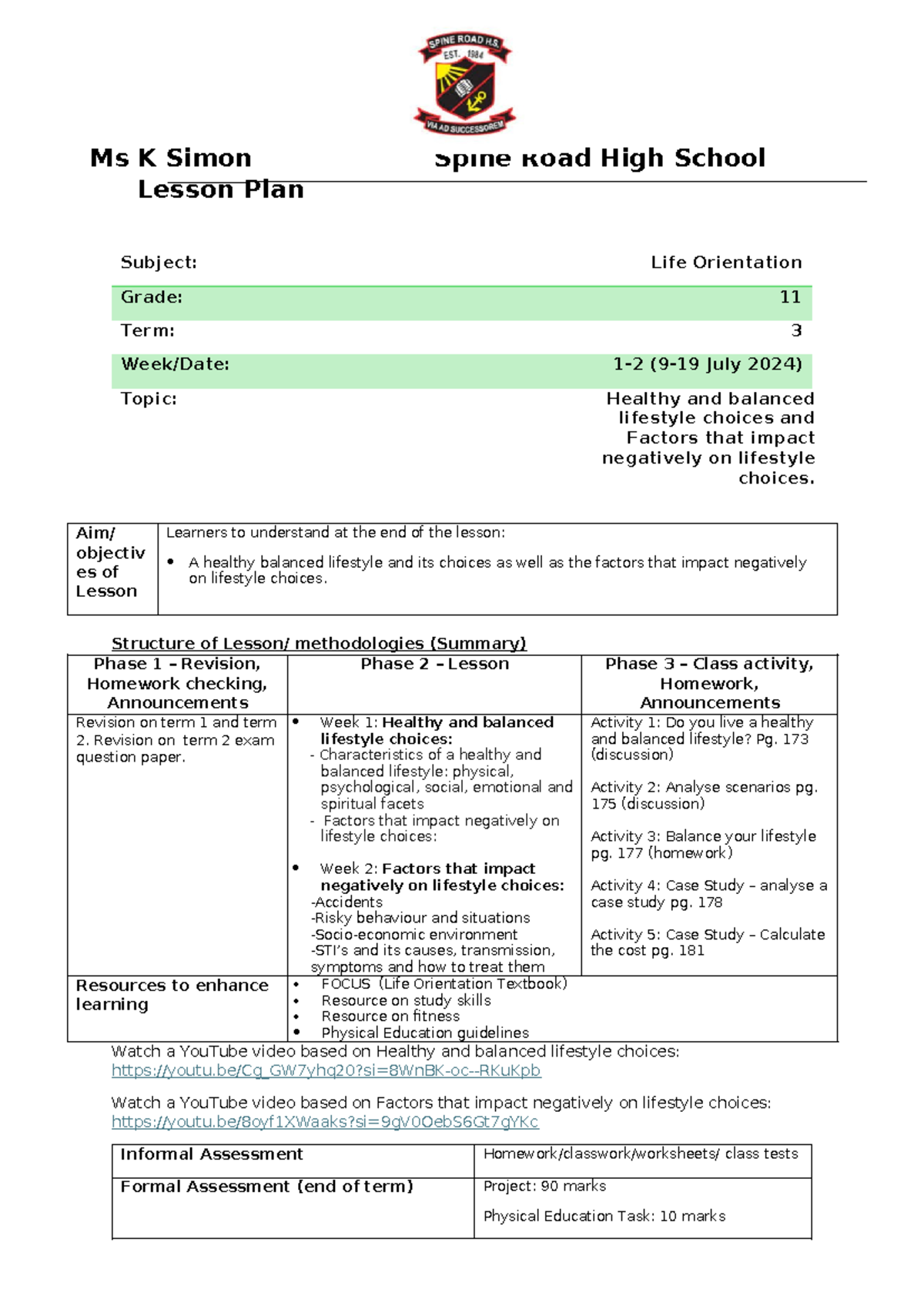 T3-NOTES ON LIFE ORIENTATION GRADE 11 - Ms K Simon Spine Road High ...
