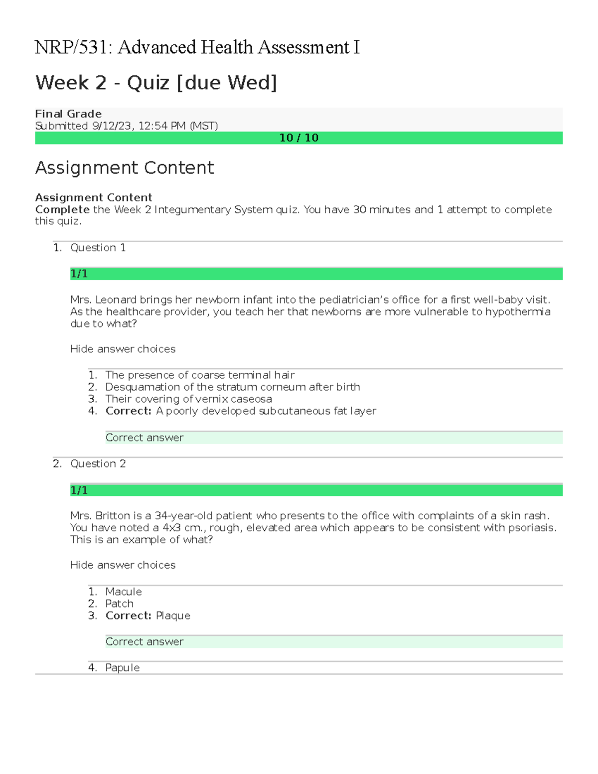 NRP 531 Week 2 Quiz - Week 2 Quiz - NRP/531: Advanced Health Assessment I Week 2 - Quiz [due Wed ...