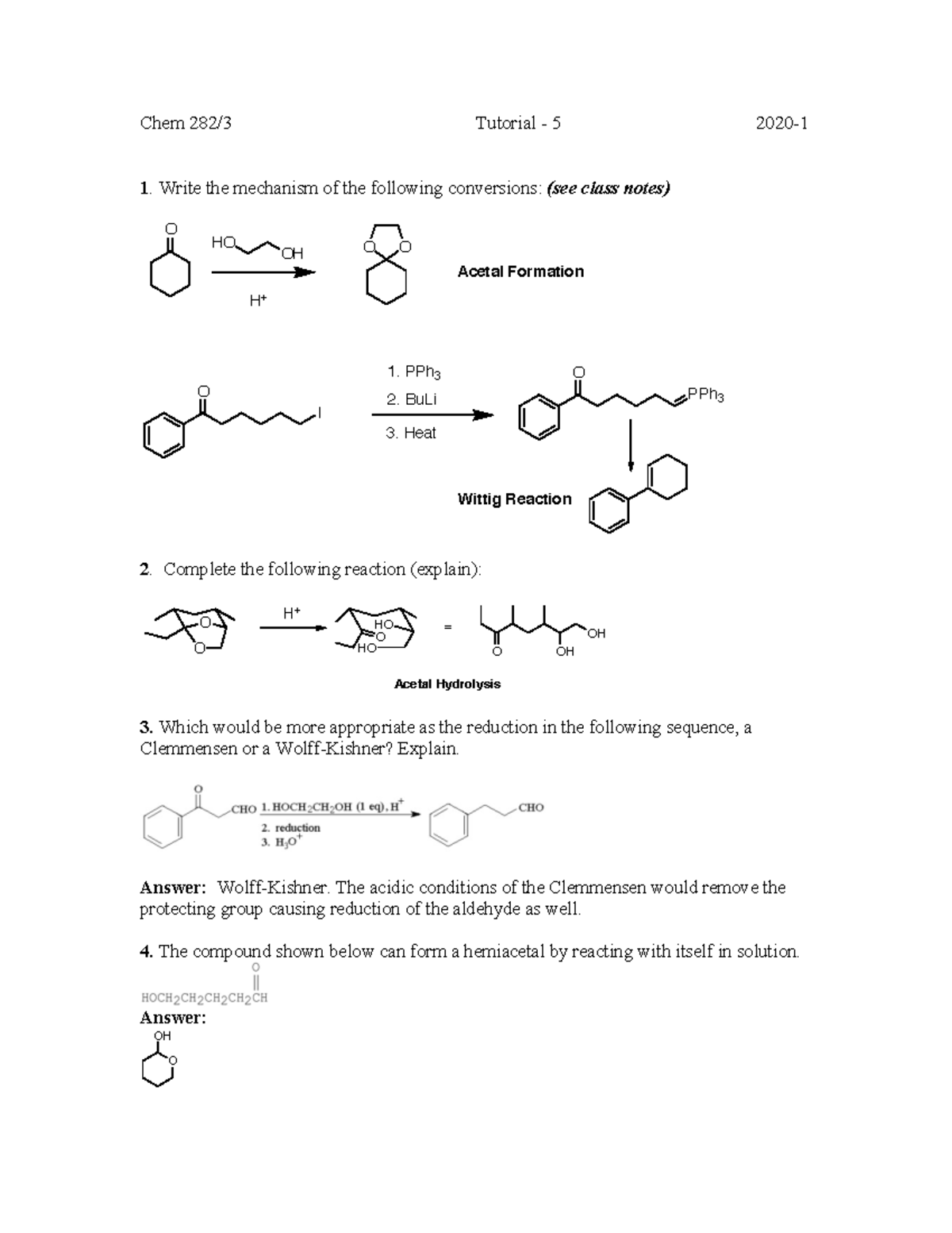 Tutorial 5 2022 Key - Chem 282/3 Tutorial - 5 2020- 1. Write the ...