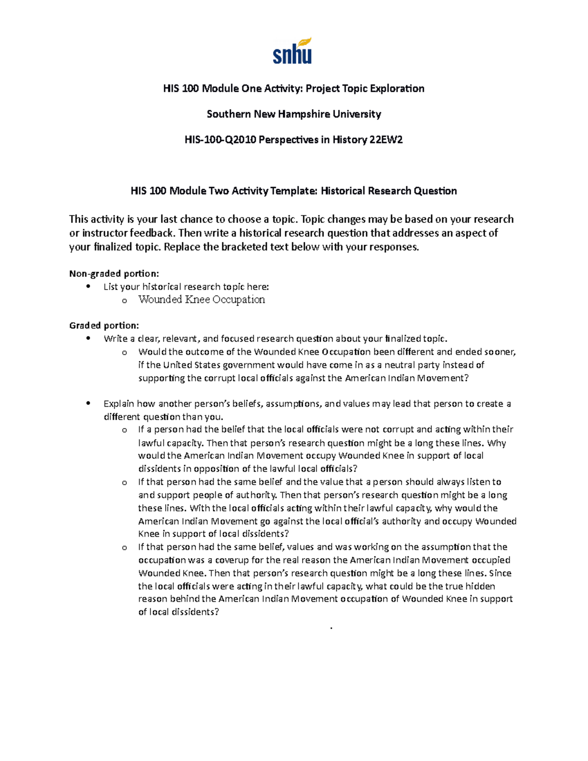 HIS 100 Module Two Activity Template Historical Research Question ...