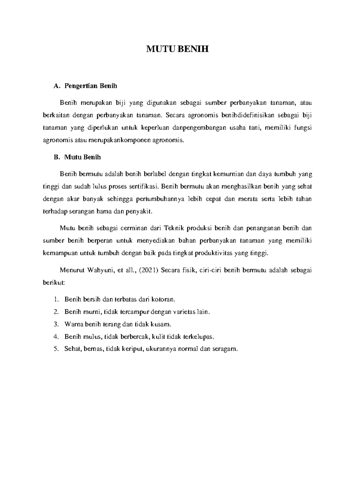 Mutu Benih - Tugas Individu - MUTU BENIH A. Pengertian Benih Benih ...