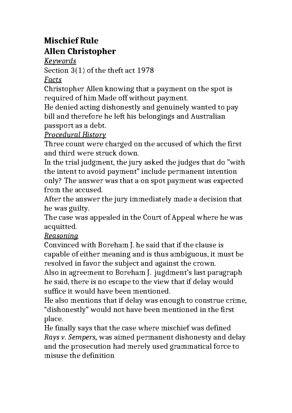 R v. Allen npc - case summary - Mischief Rule Allen Christopher ...