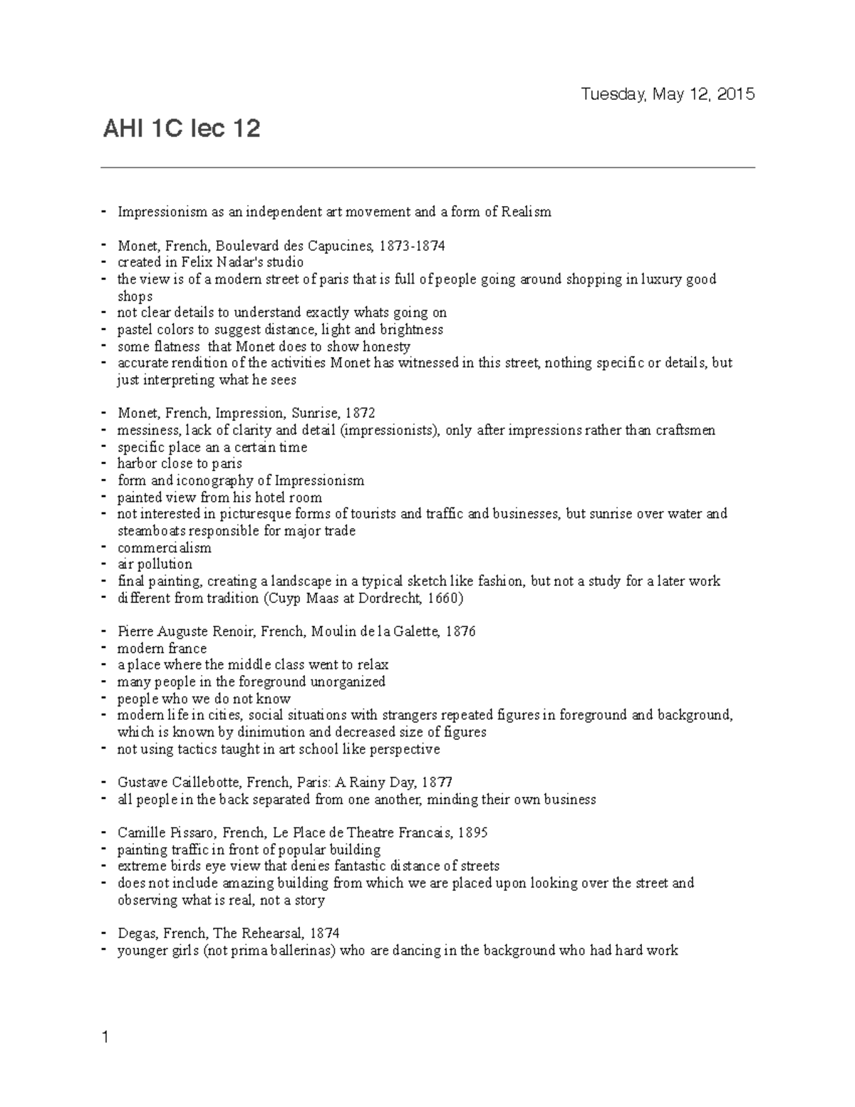 AHI 1C lec 12 - Lecture notes 12 - Tuesday, May 12, 2015 AHI 1C lec 12 ...