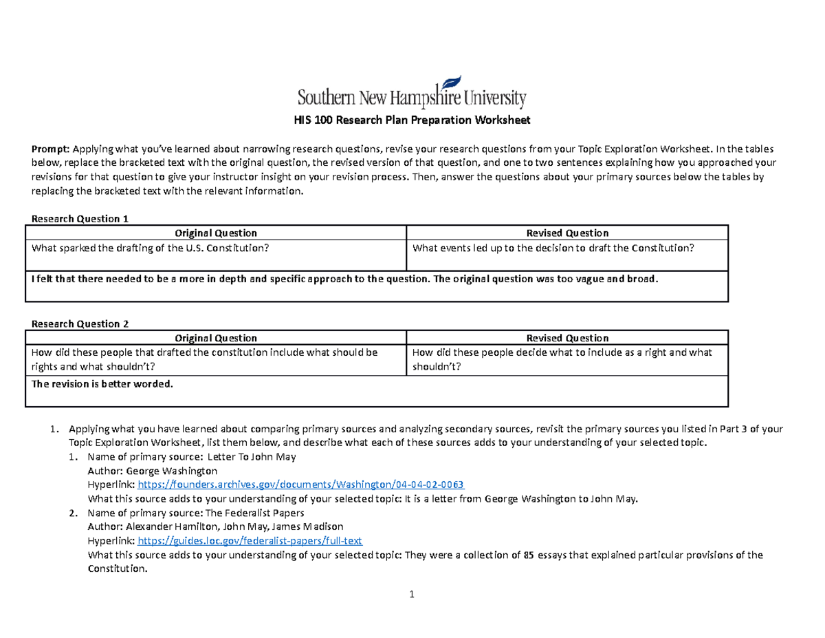 HIS 100 Research Plan Preparation Worksheet - HIS 100 Research Plan ...