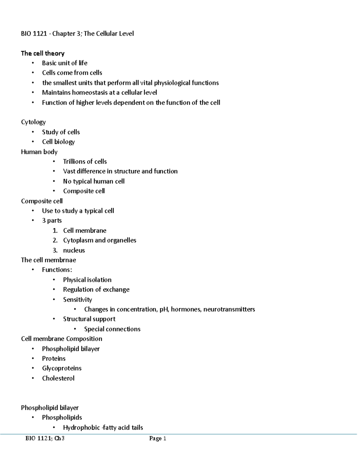 1121 ch3 notes - Chapter 3 - BIO 1121 - Chapter 3; The Cellular Level ...