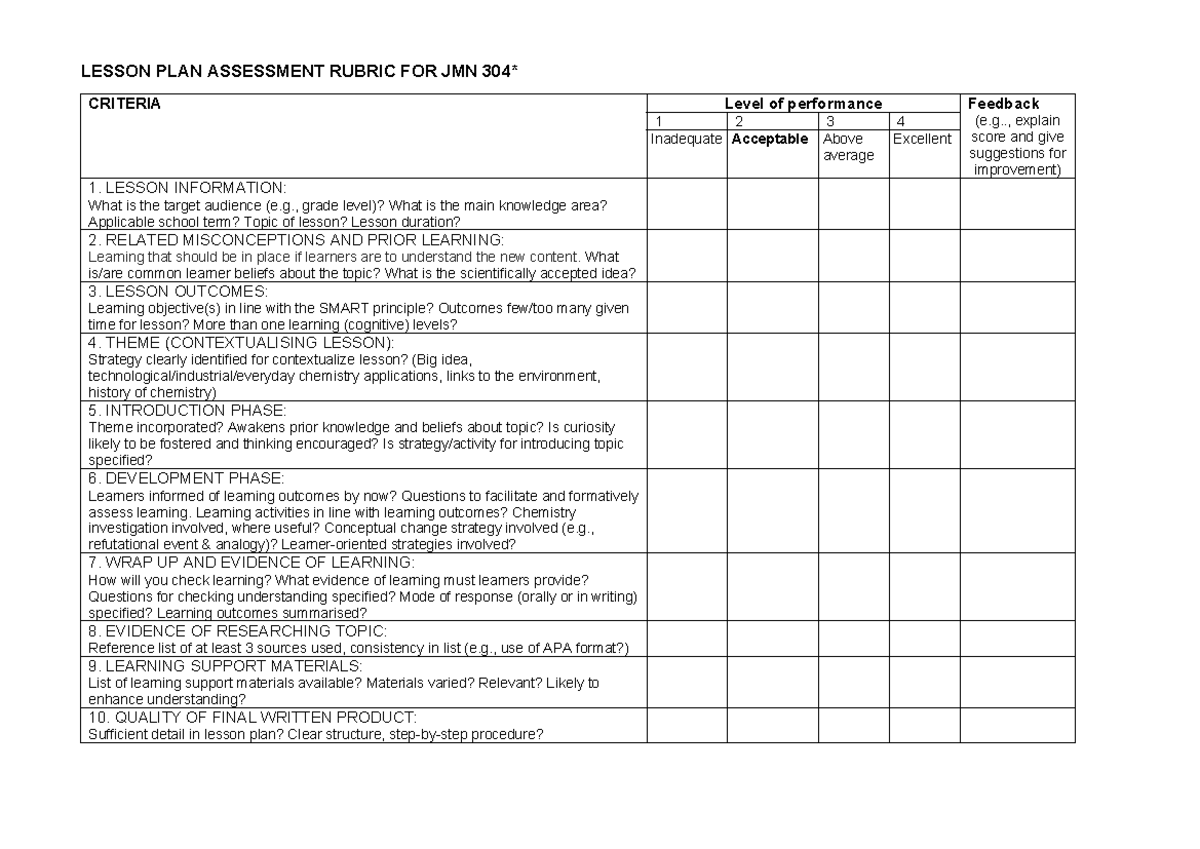 LP assess rubric SIX columns - RUBRIC OF ASSESSMENT - LESSON PLAN ...