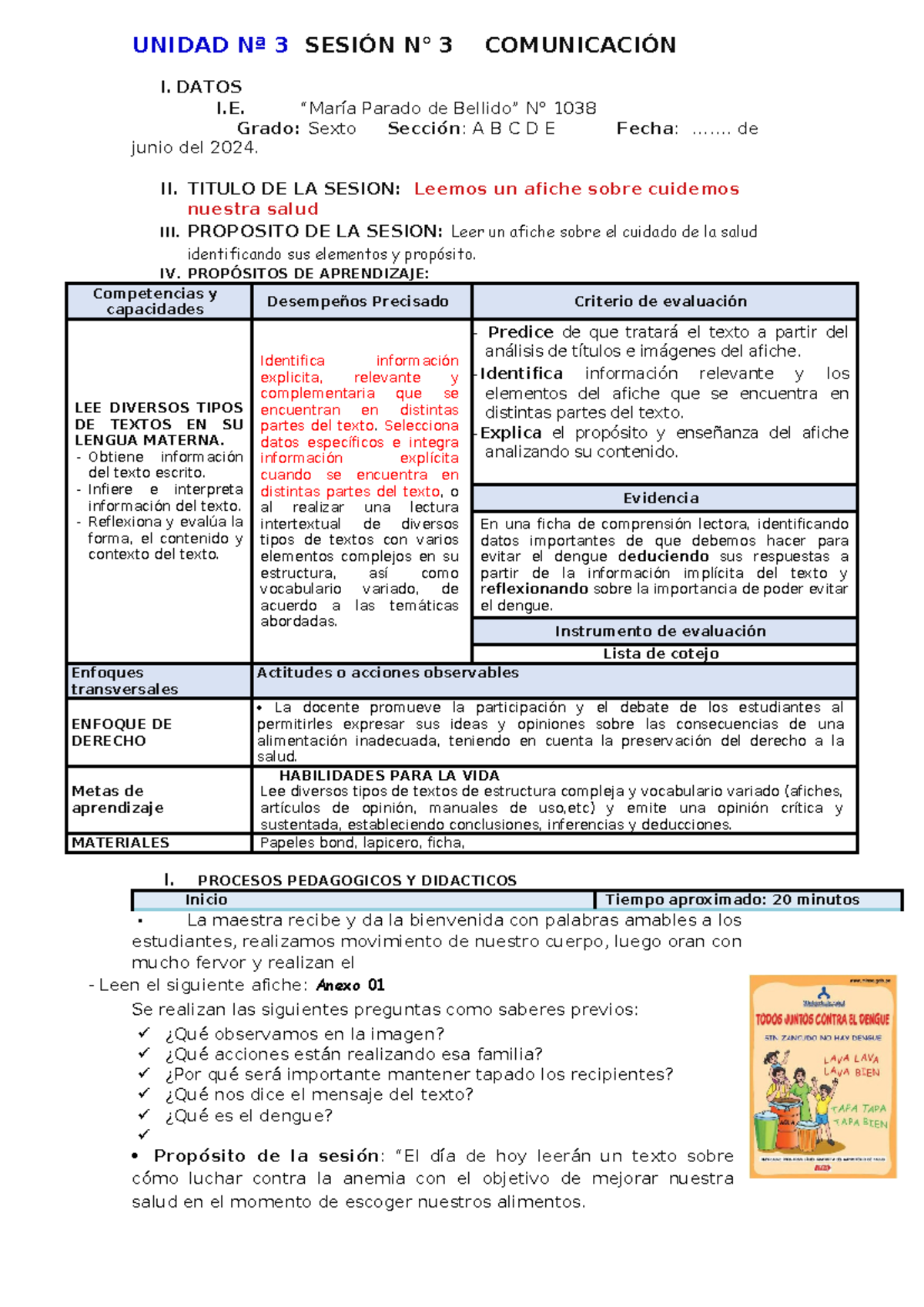 Sesion CI Leemos un afiche sobre el cuidado de la salud OK - UNIDAD Nª 3 SESIÓN N° 3 ...