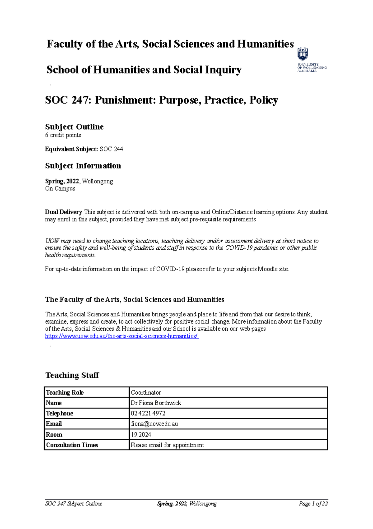 Subject Outline - dfdhjsdk ksiif sjhd - Faculty of the Arts, Social ...