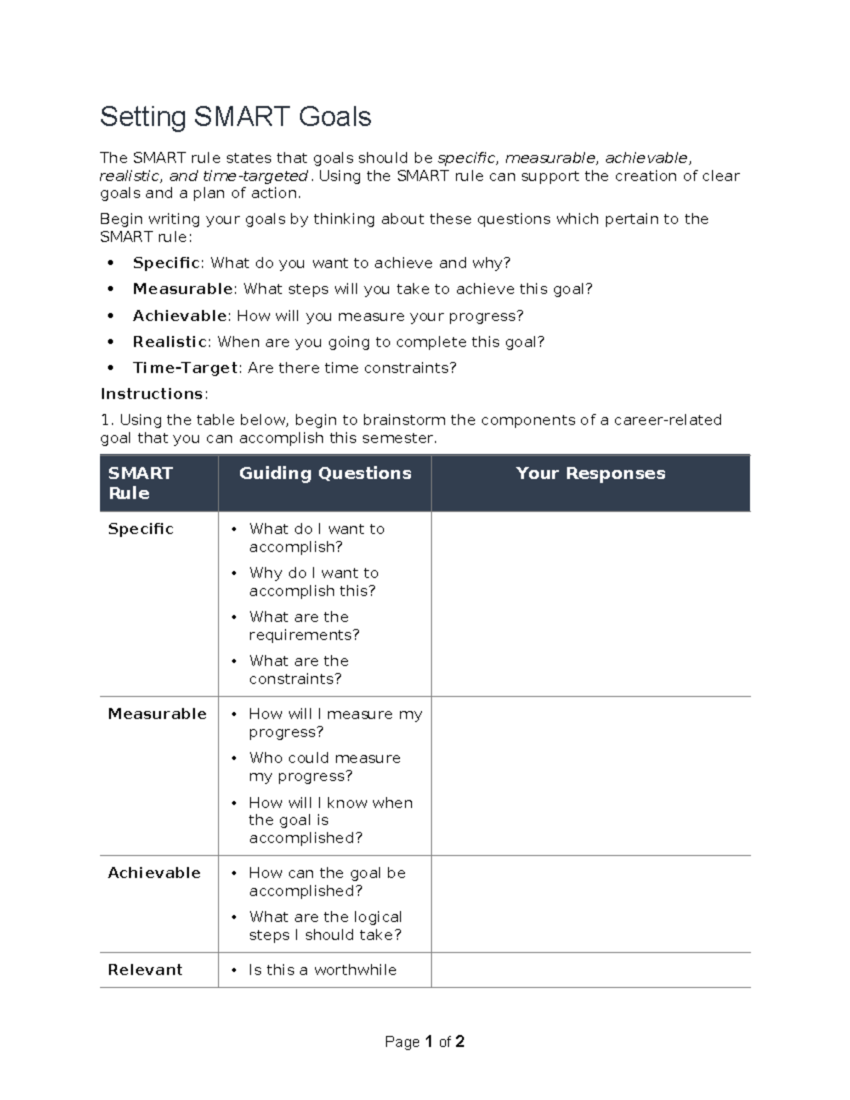 Smartworksheet - practise - Setting SMART Goals The SMART rule states ...