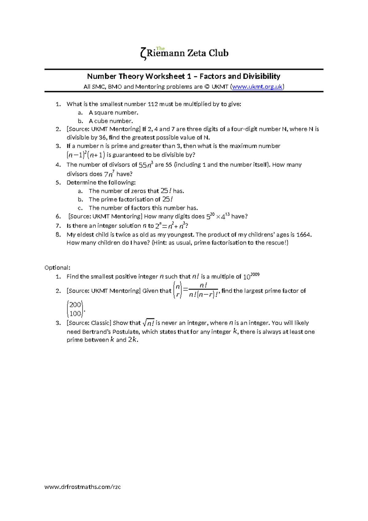 RZC-Number Theory-Worksheet 1 - Number Theory Worksheet 1 – Factors and ...