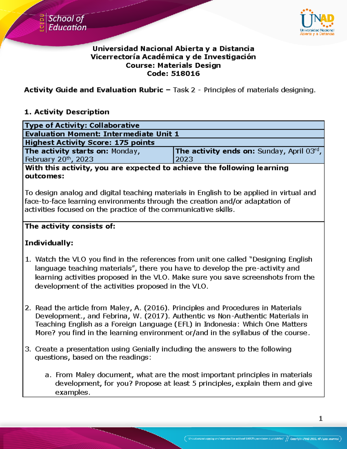 Activity guide and evaluation rubric - Unit 1- Task 2 - Principles of ...