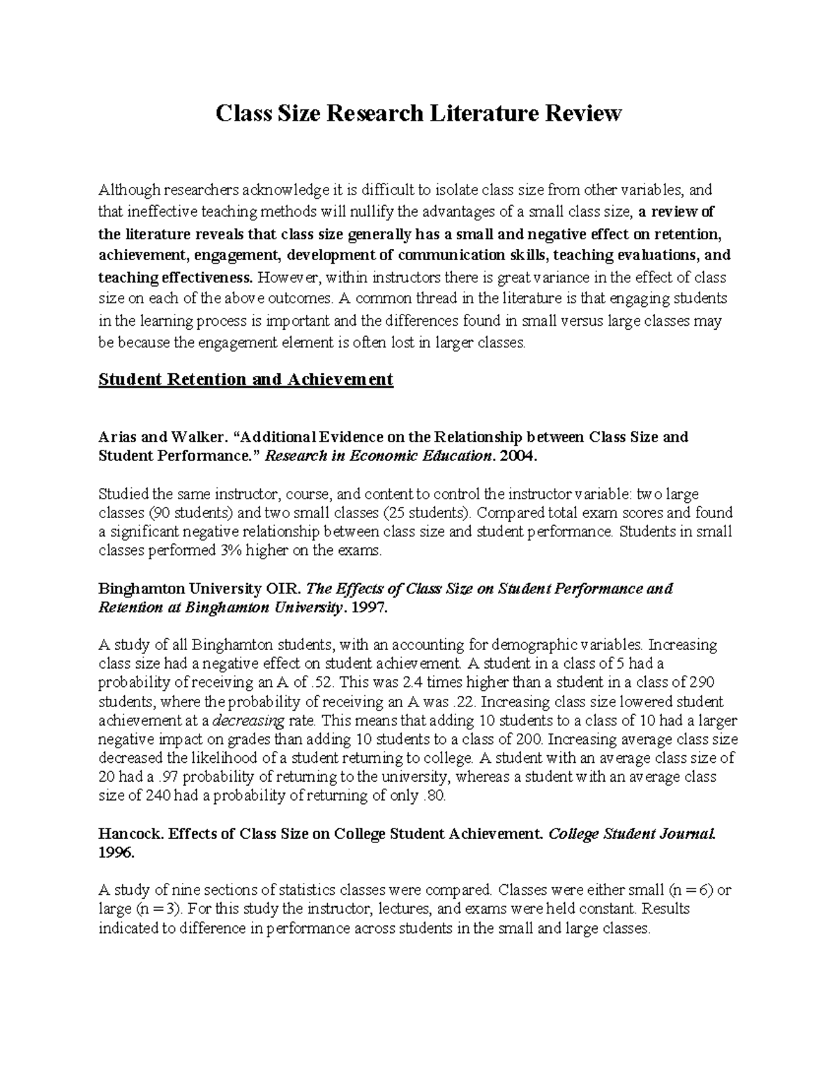 Class Size Research Literature Review - Class Size Research Literature ...