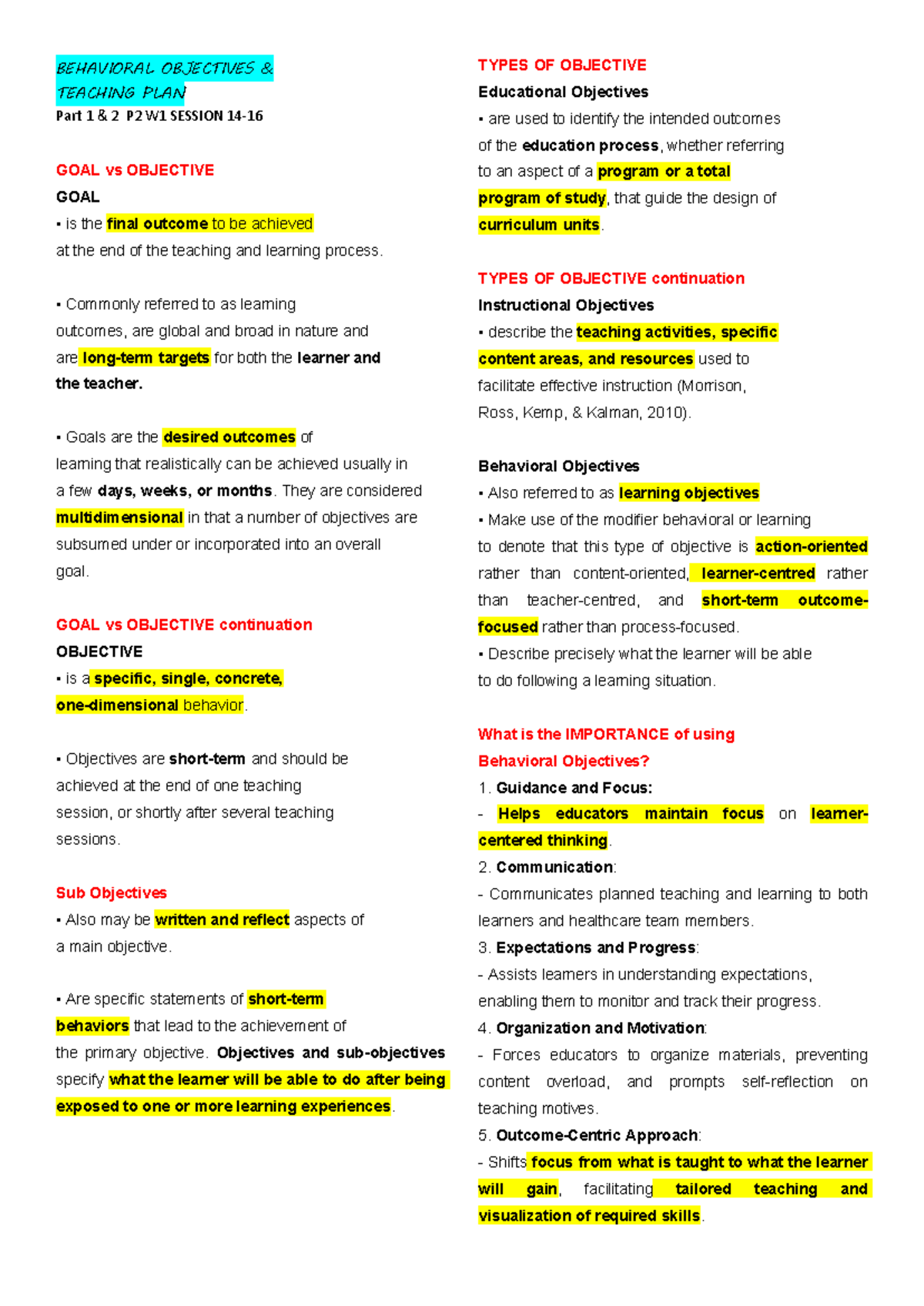 HES008-P2 - BEHAVIORAL OBJECTIVES & TEACHING PLAN Part 1 & 2 P2 W1 ...