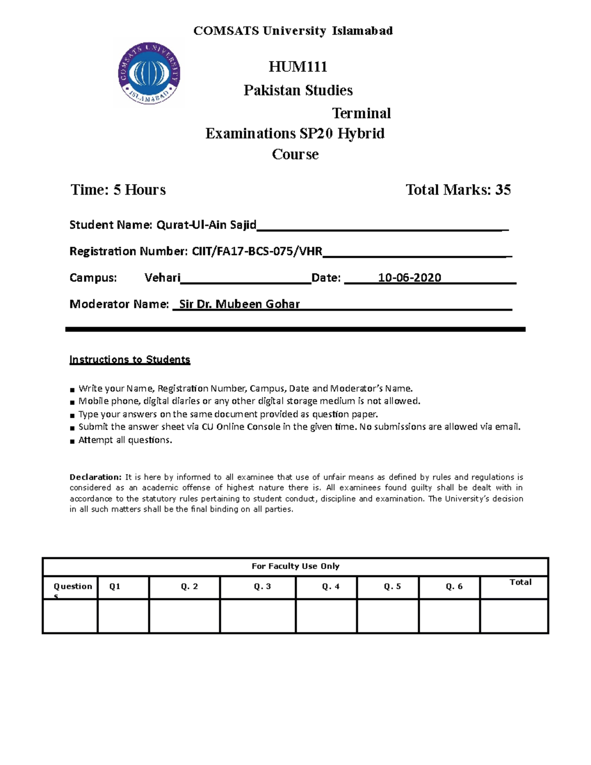 SP20 Final HUM111 P1 - Terminal Exam of Pakistan studies Sp20 - COMSATS ...
