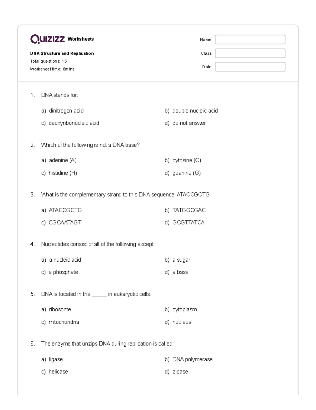 Quizizz - DNA Structure and Replication - Worksheets DNA Structure and ...