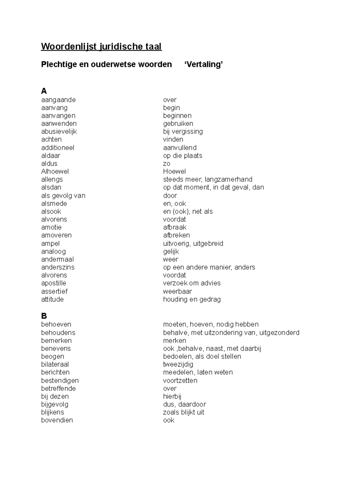Woordenlijst juridische taal - Woordenlijst juridische taal Plechtige ...