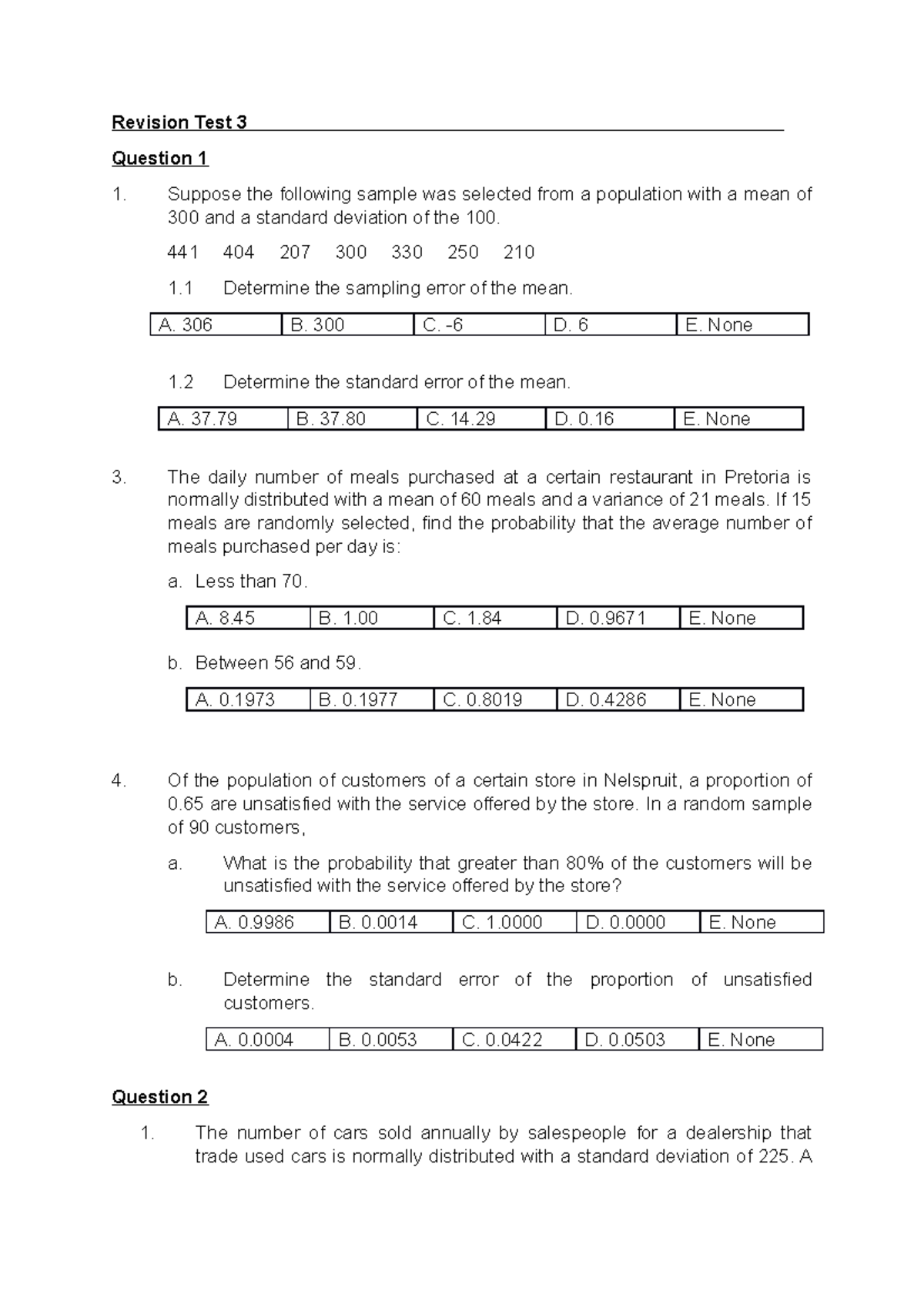 Revision Test 3 - memo - Revision Test 3 Question 1 Suppose the ...