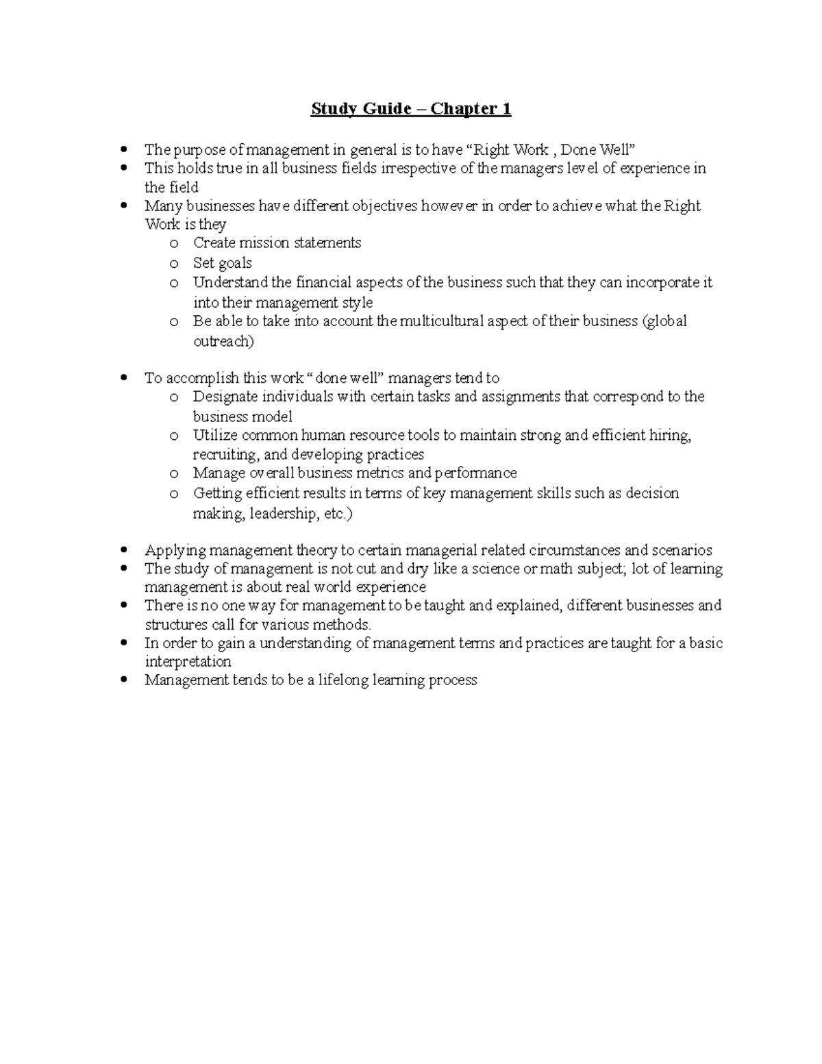 Study Guide - Chapter 1 - Study Guide – Chapter 1 The purpose of management in general is to ...