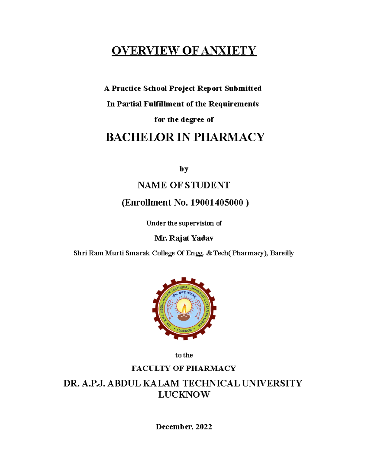 Pharmacy Practise Report - OVERVIEW OF ANXIETY A Practice School Project Report Submitted In ...