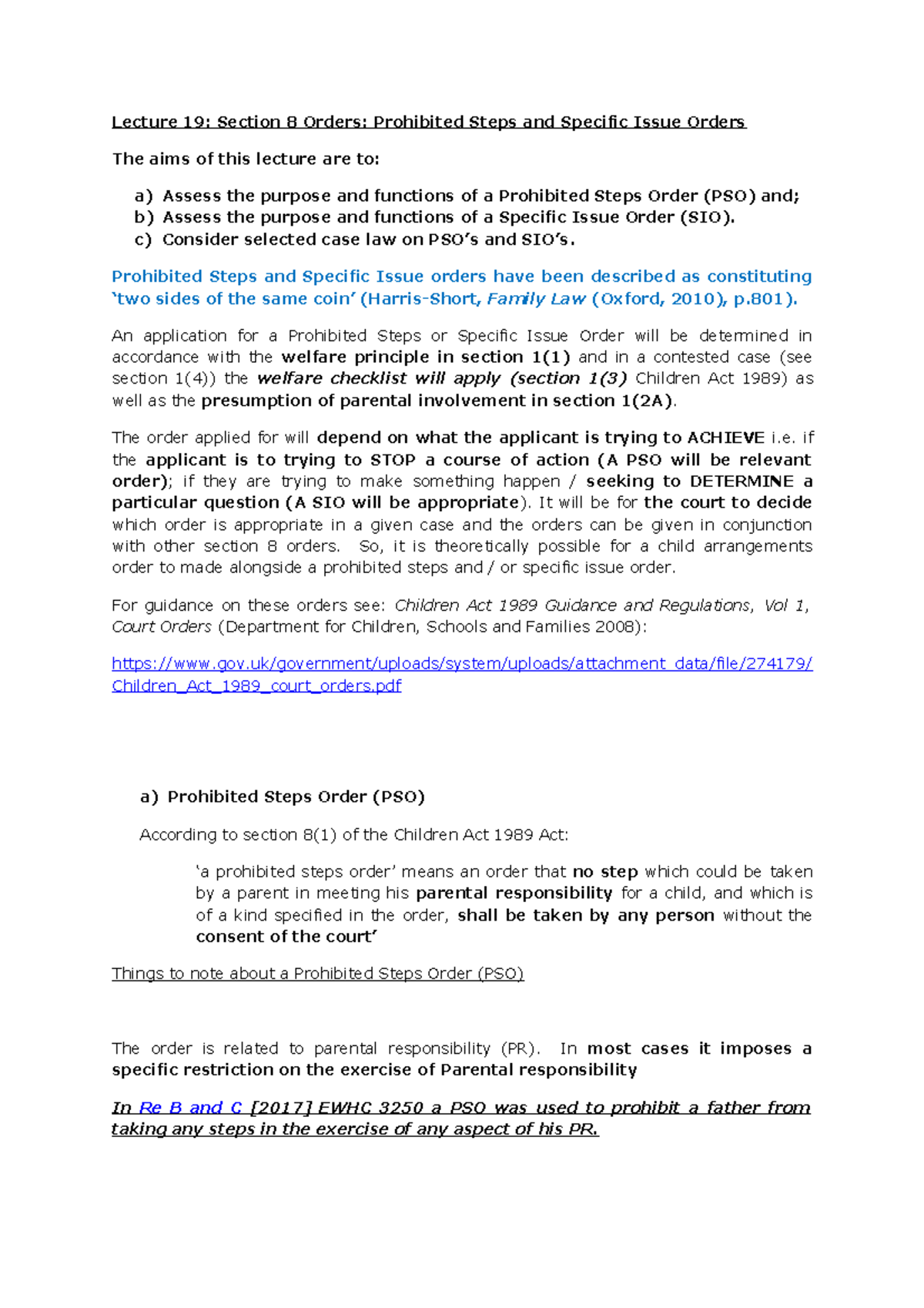 Family Law Lecture 19 - Lecture 19: Section 8 Orders: Prohibited Steps ...