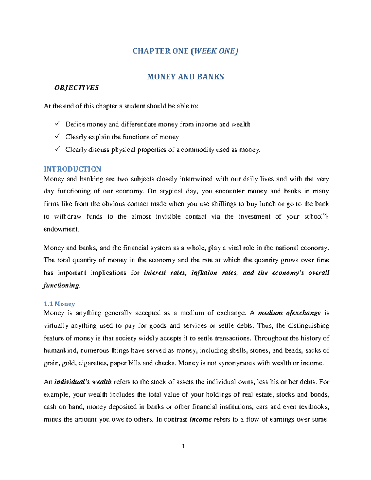 Lesson 1-One - study - CHAPTER ONE (WEEK ONE) OBJECTIVES MONEY AND ...