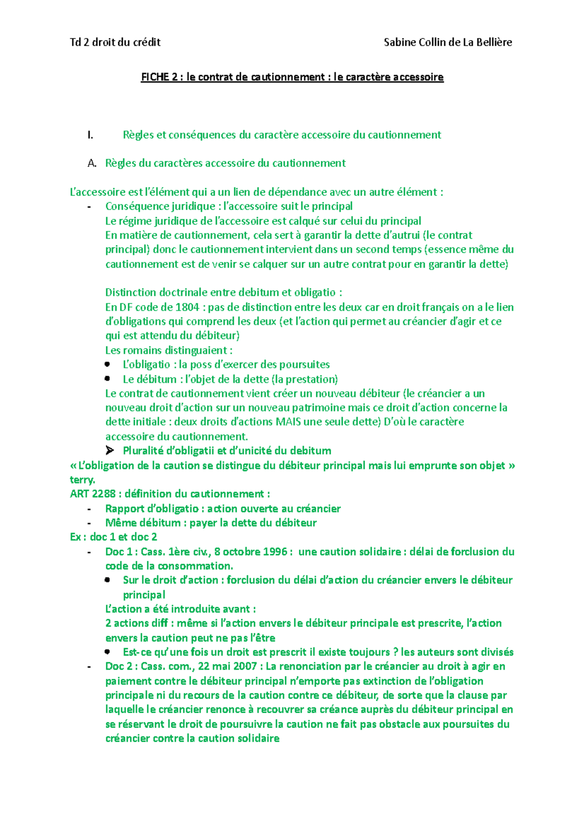 TD 2 crédit - FICHE 2 : le contrat de cautionnement : le caractère ...