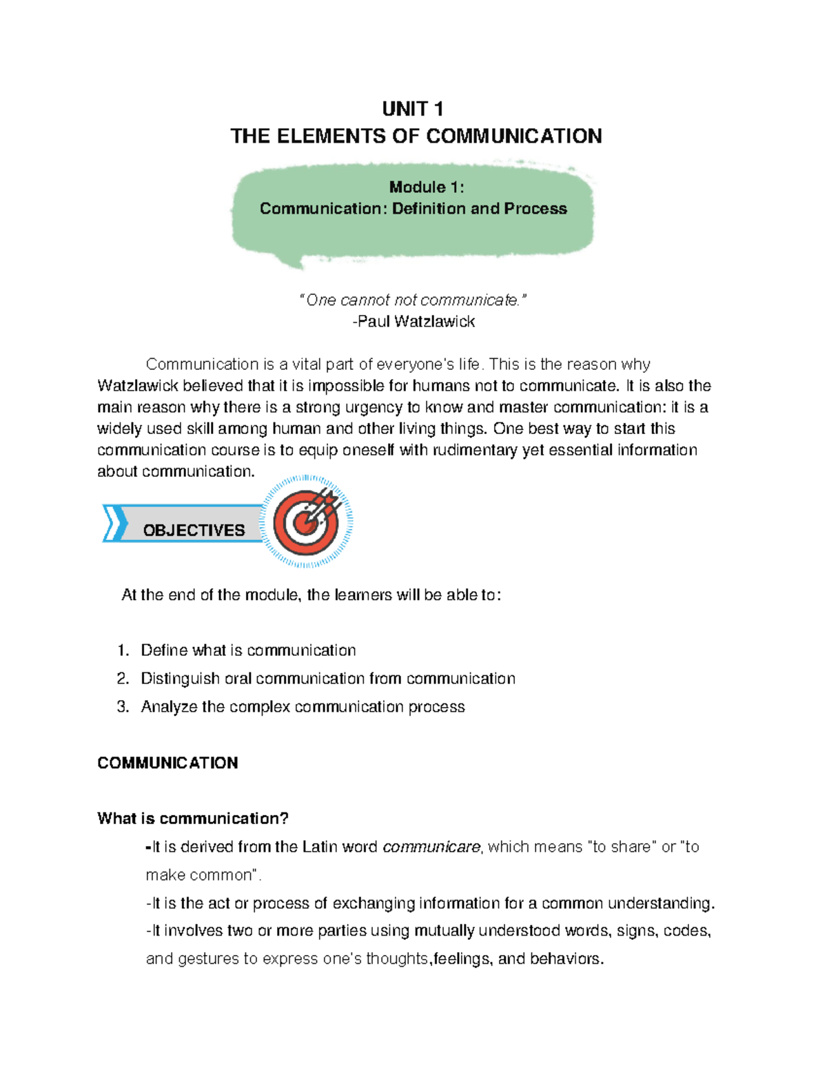 Oralcom Module 1 - UNIT 1 THE ELEMENTS OF COMMUNICATION Module 1 ...