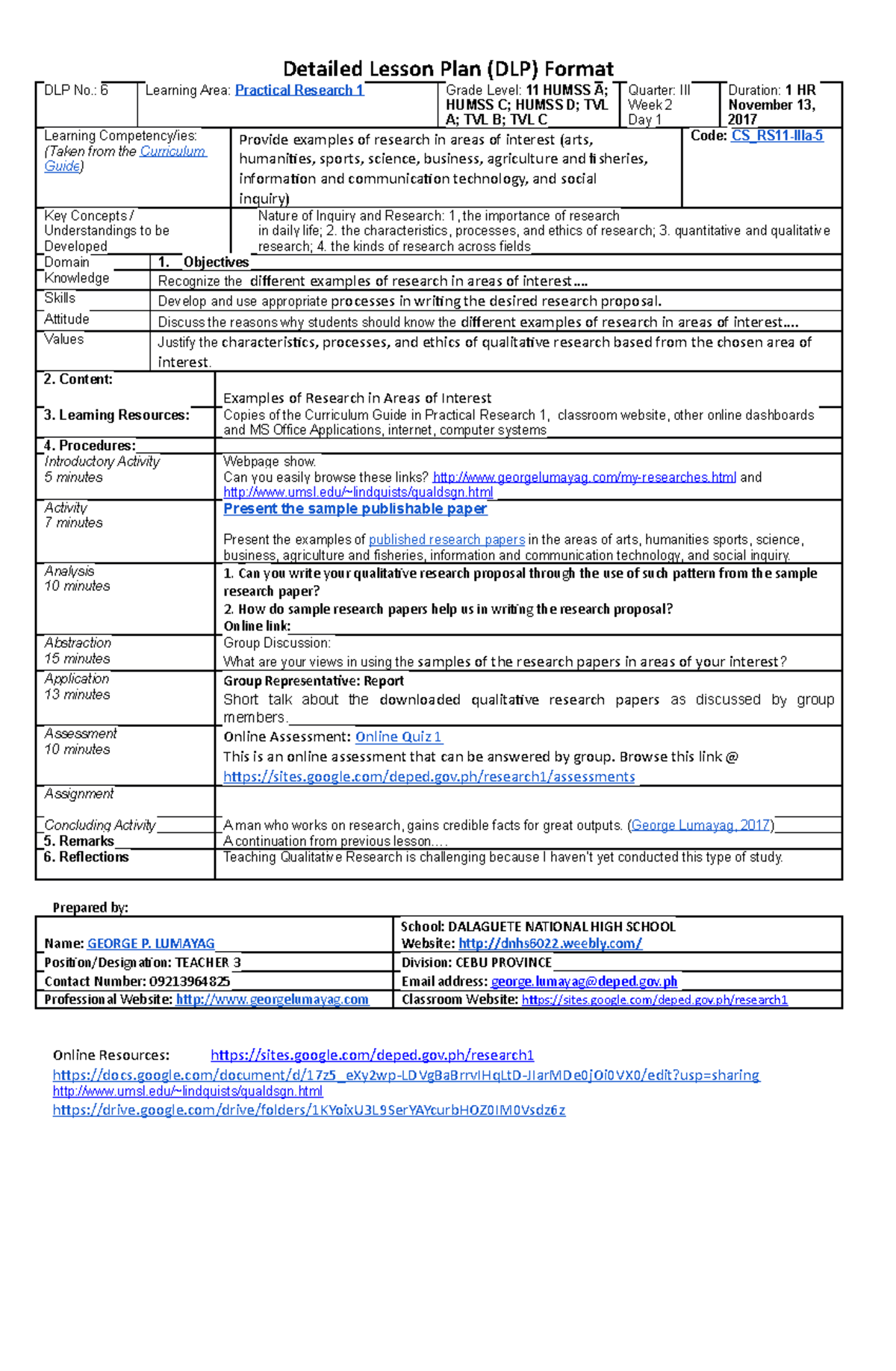 Week 2 Day 1 - Lecture Notes - Detailed Lesson Plan (DLP) Format DLP No ...