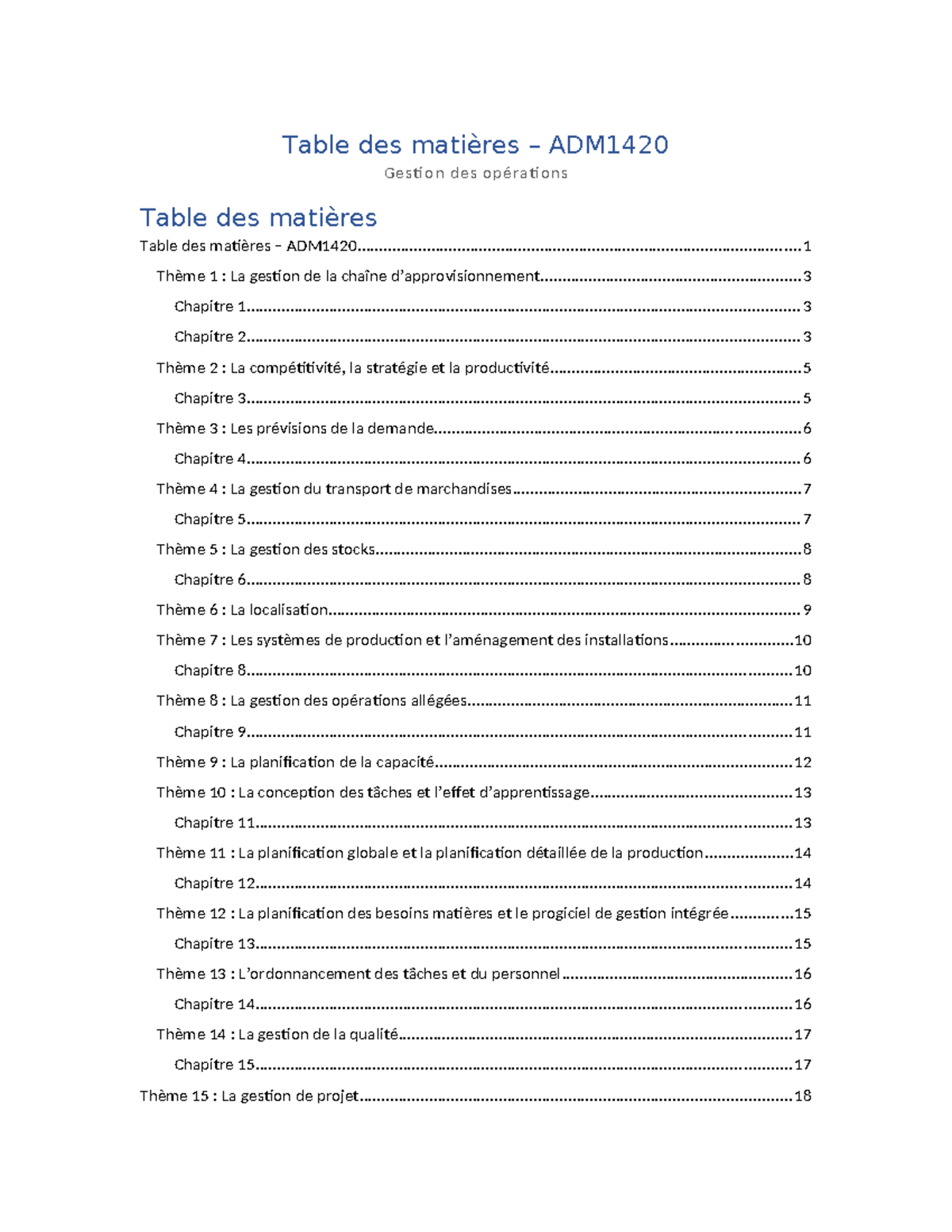 ADM 1420 - Table des matières - Gesti on des opérati ons - Table des ...