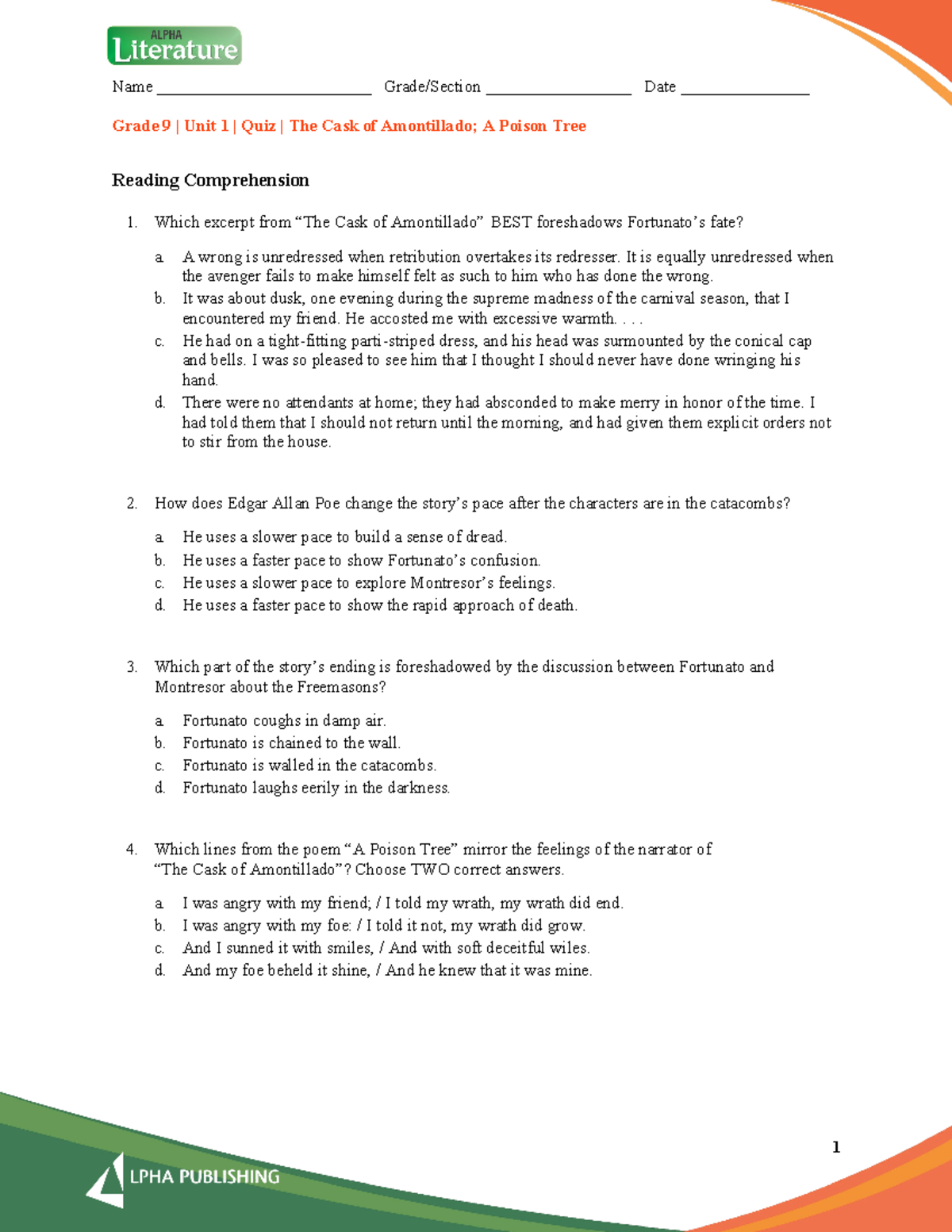 Grade 9 Unit 1 Quiz Week 5 Student - Name ...