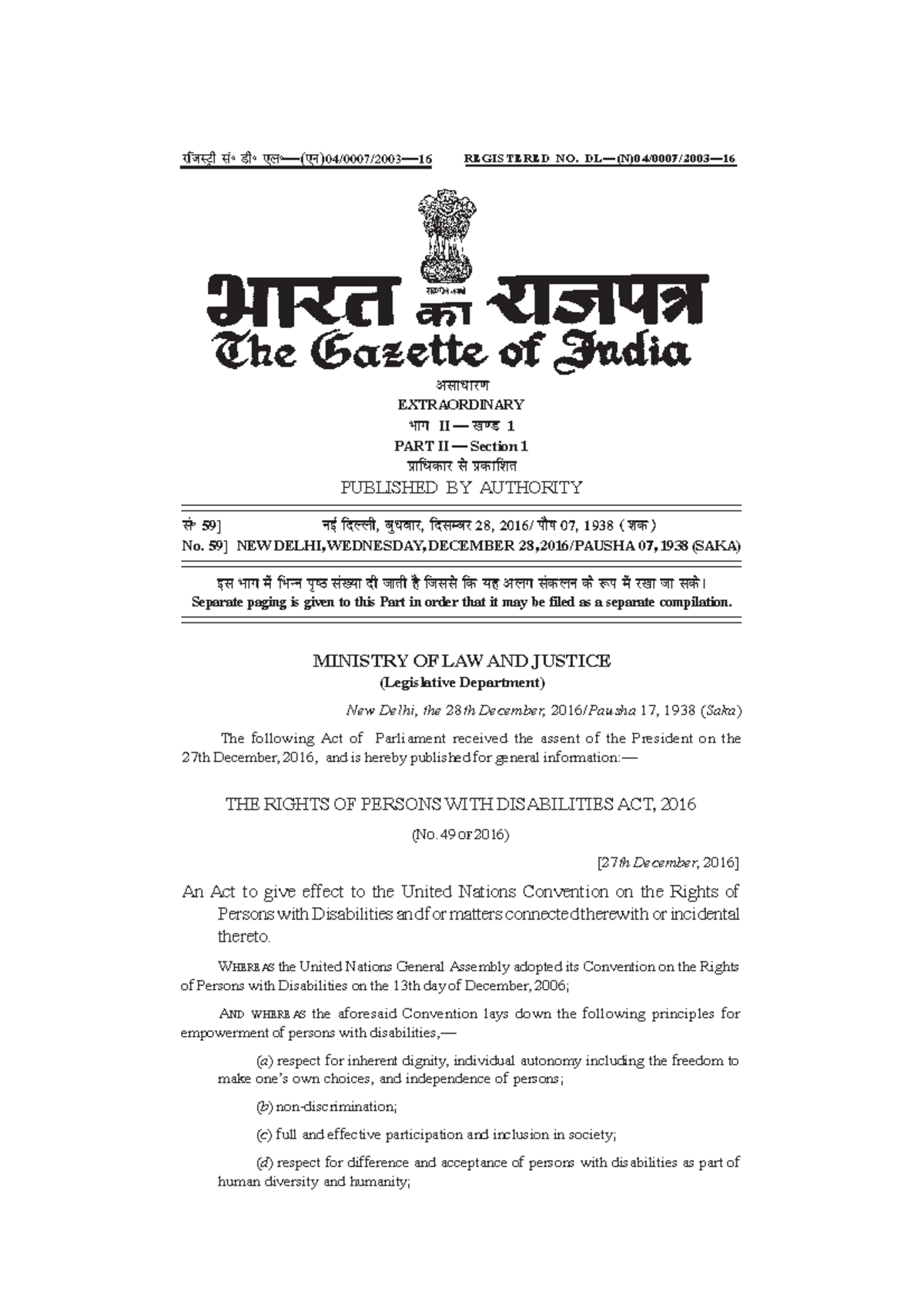 RPWD-ACT-2016 - PWD - THE RIGHTS OF PERSONS WITH DISABILITIES ACT, 2016 ...