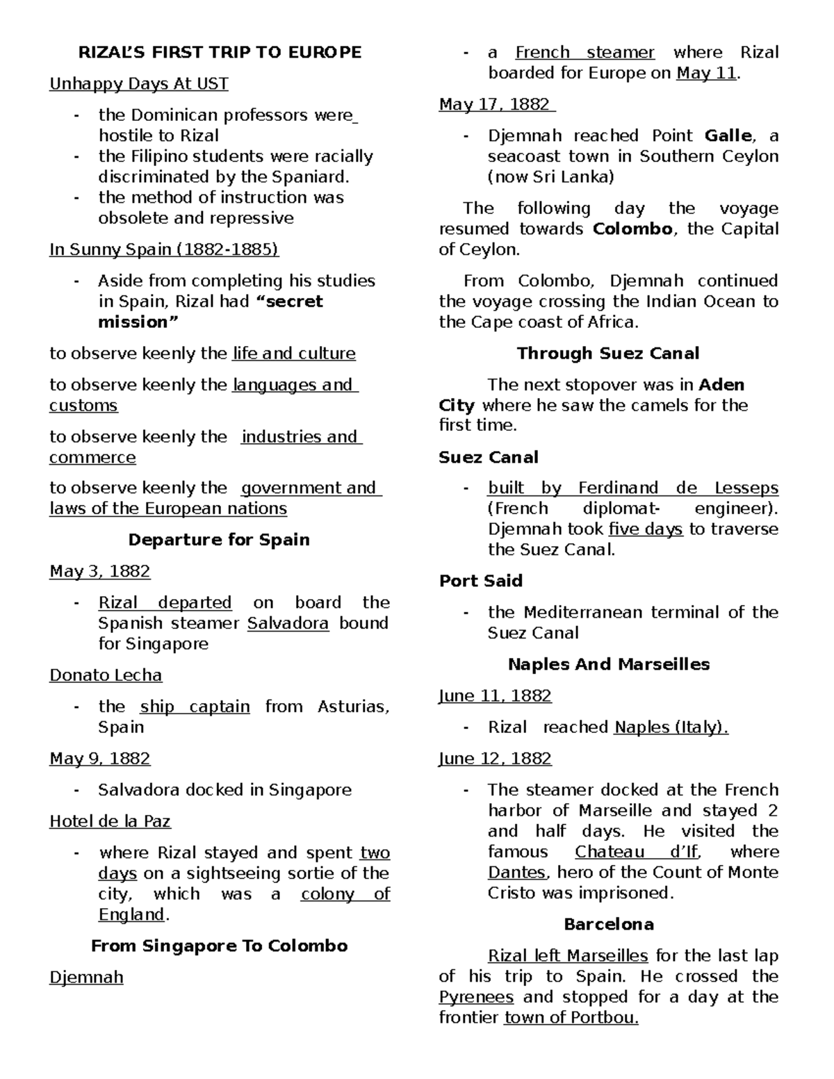 Lesson 5 Reviewer - RIZAL’S FIRST TRIP TO EUROPE Unhappy Days At UST ...