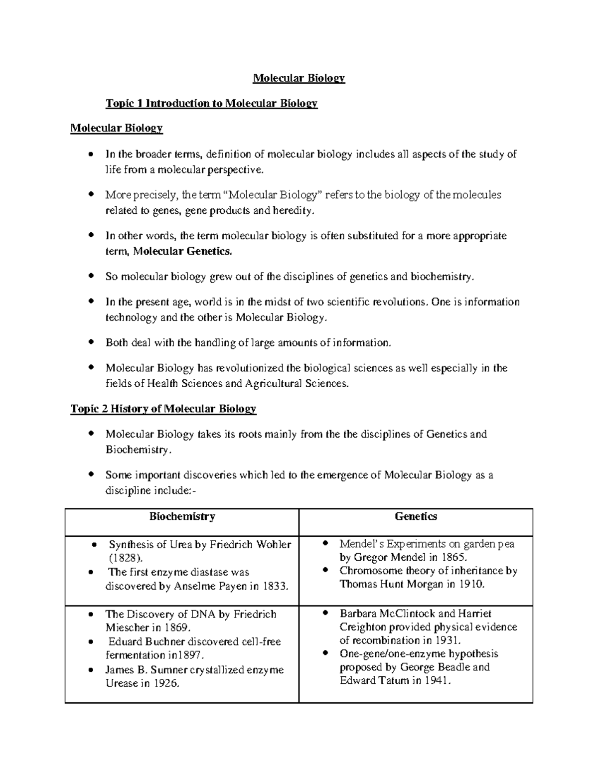 BIO302Part2 - Molecular Biology Topic 1 Introduction to Molecular ...