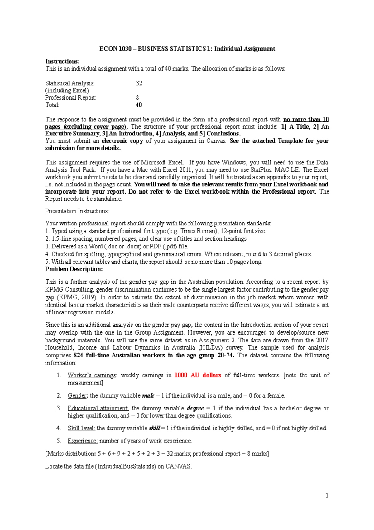 Econ1030 assignment 3 2021 - ECON 1030 – BUSINESS STATISTICS 1 ...