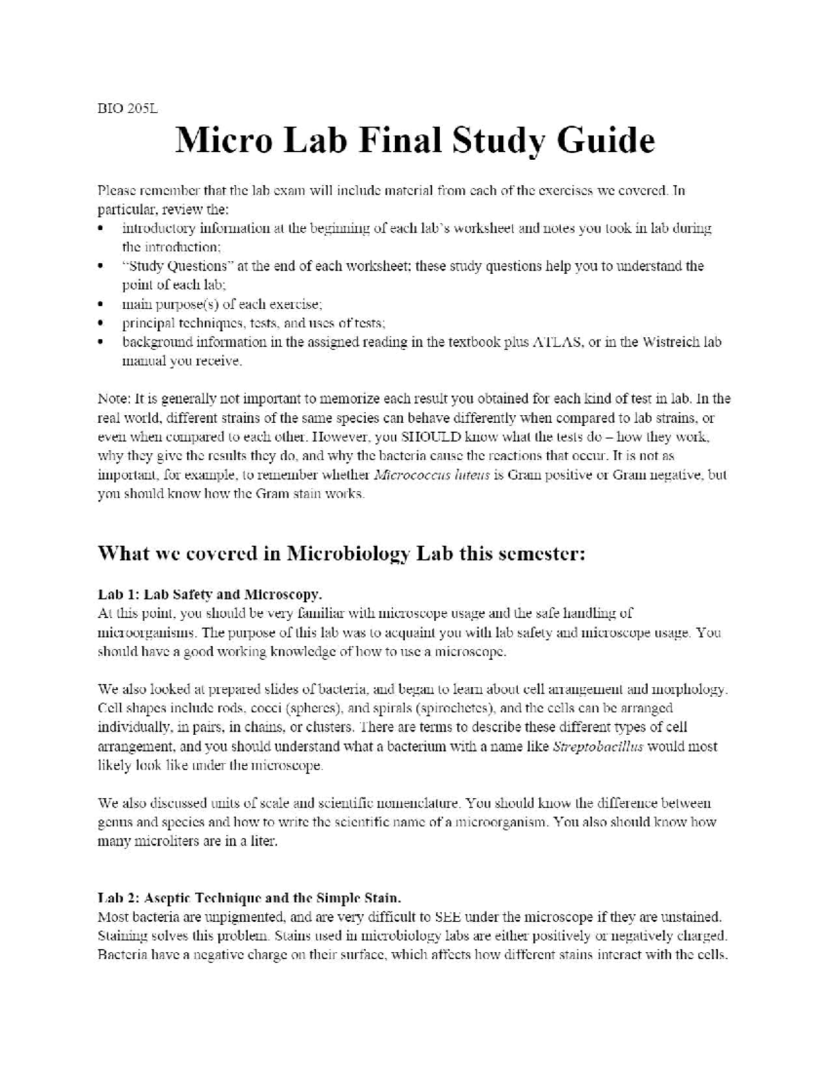 Micro bio lab study guide - BIO 205 - Studocu