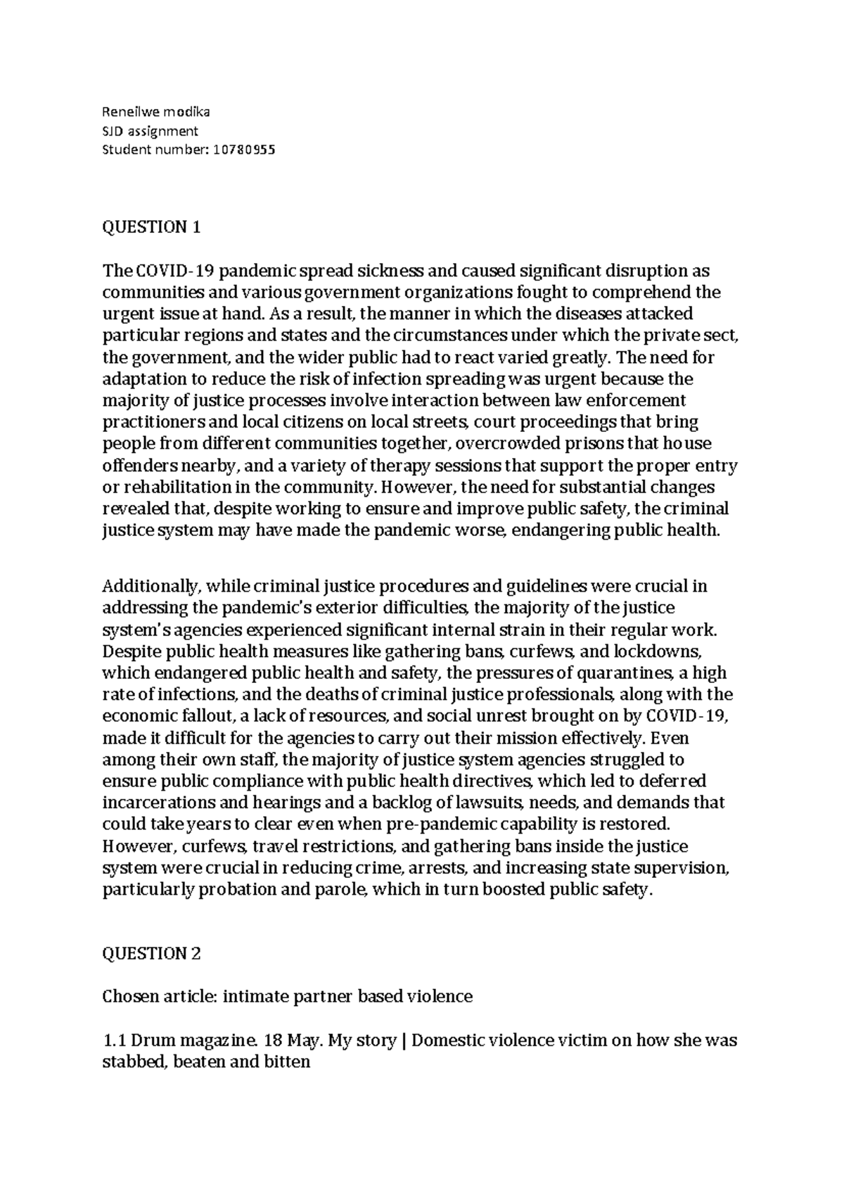 Sjd assignment - Reneilwe modika SJD assignment Student number ...