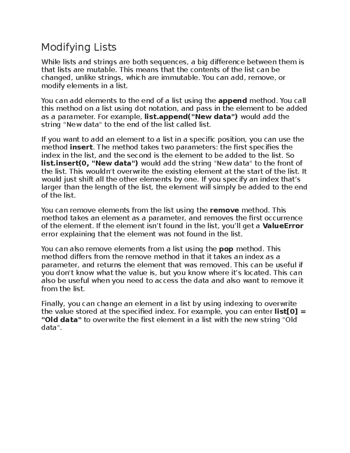 Modifying Lists Coursework Modifying Lists While Lists And Strings