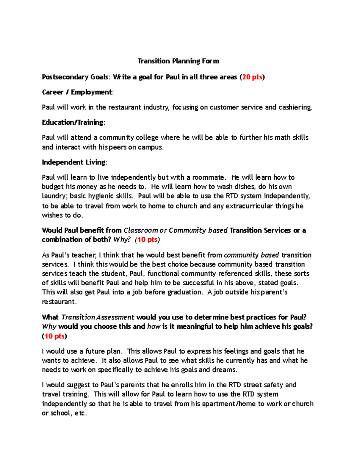 Final case study - Transition Planning Form Postsecondary Goals: Write ...