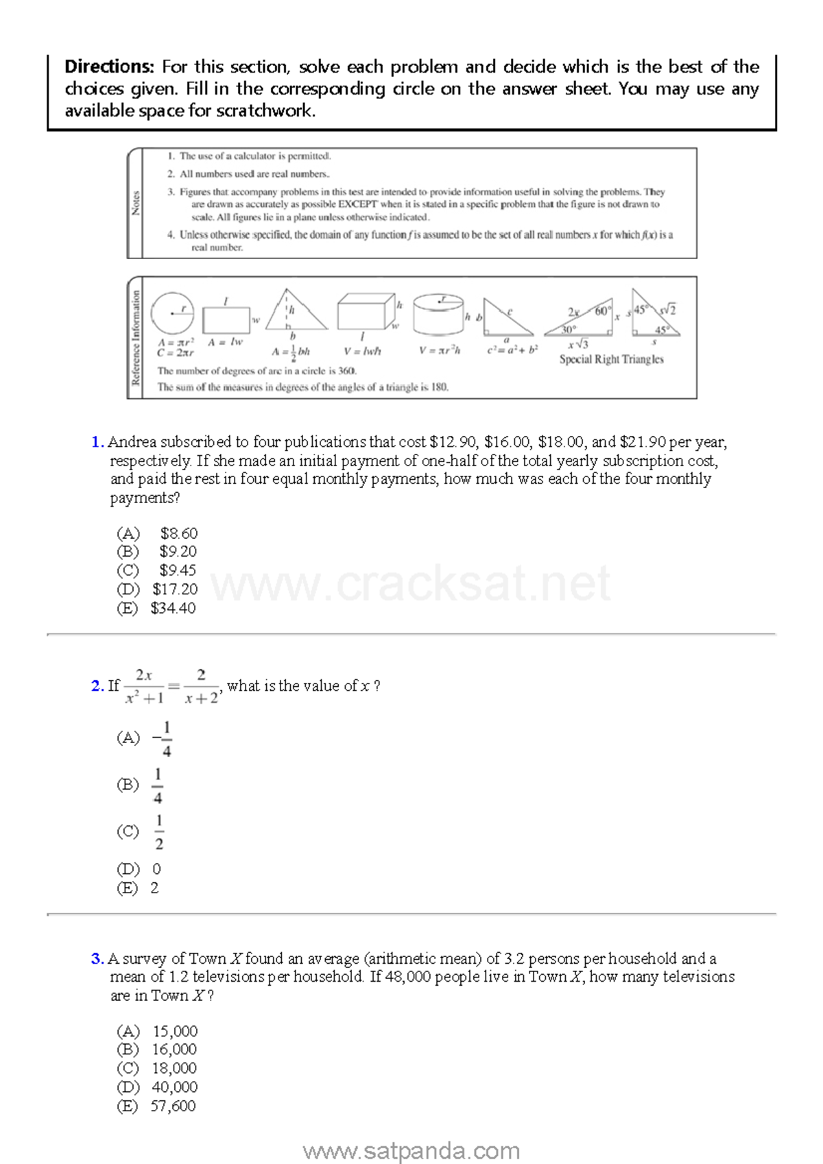 Sat math practice test 1 - Directions: For this section, solve each ...