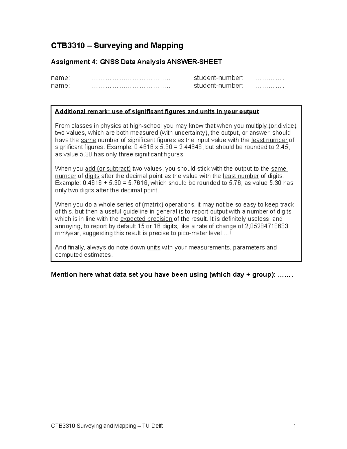 CTB3310 GNSS assignment 4 Answer sheet template 2023 - CTB3310 – Surveying and Mapping ...