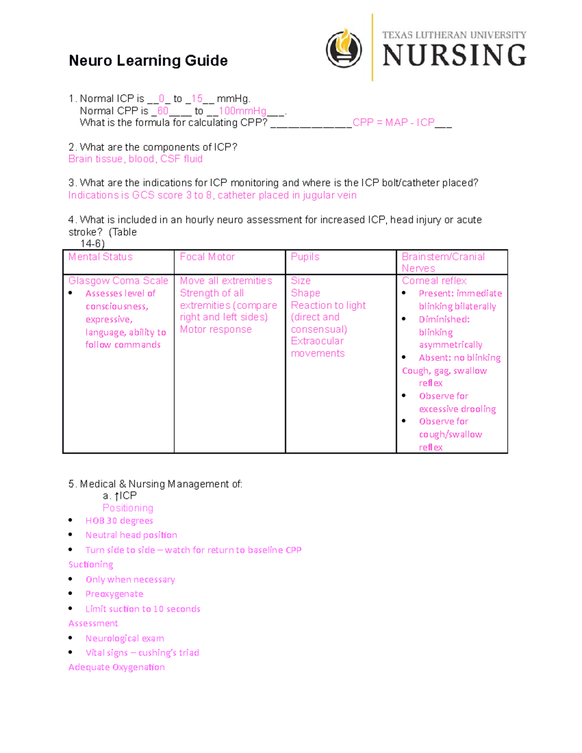 Neuro Learning Guide - Neuro Learning Guide Normal ICP is __ 0 _ to ...
