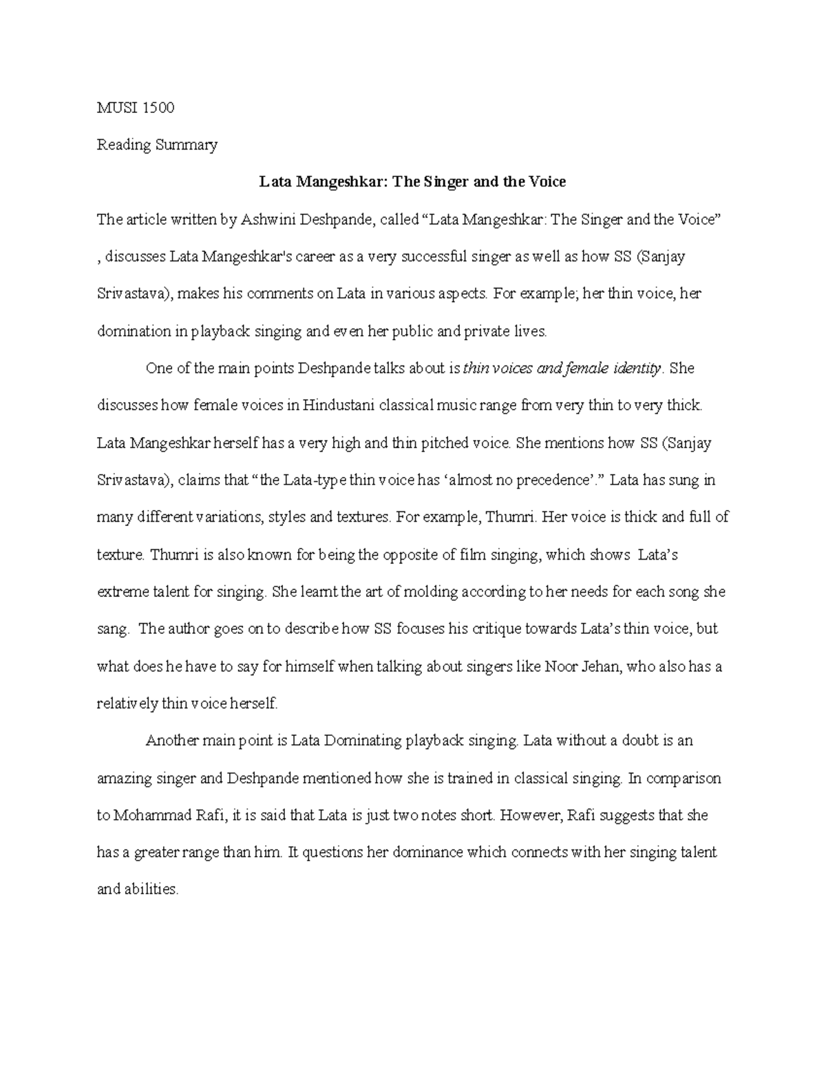Summary of readings - MUSI 1500 Reading Summary Lata Mangeshkar: The ...