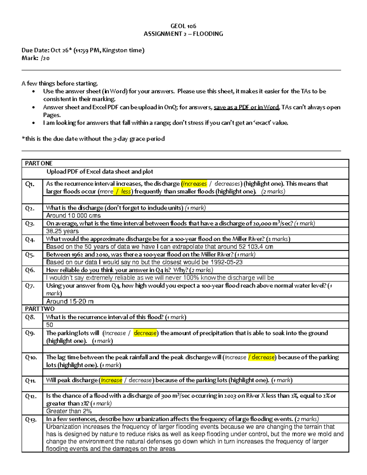 Assignment 2 Flooding PDF - GEOL 106 ASSIGNMENT 2 – FLOODING Due Date: Oct 26 * (11:59 PM ...