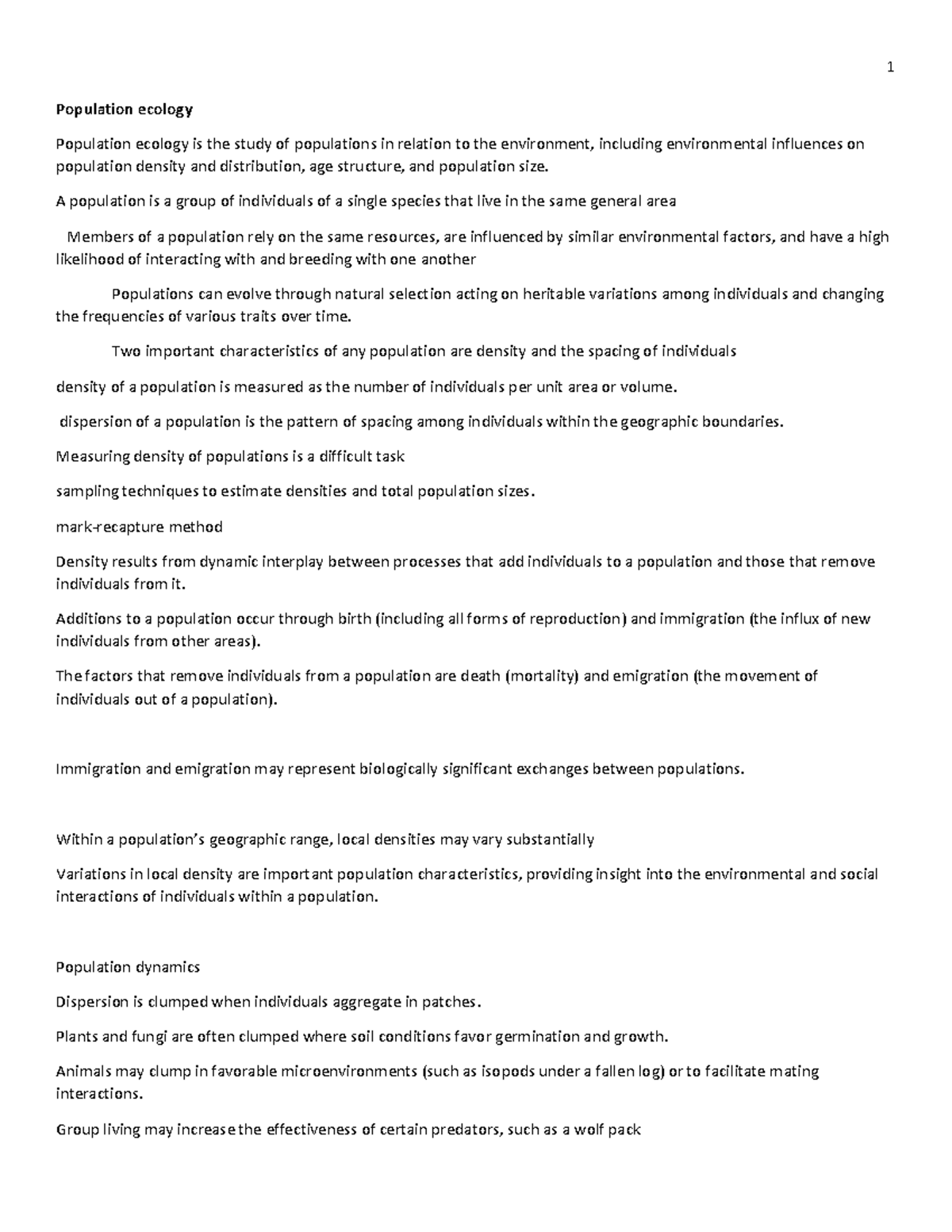 Ecology Lecture NOTE 2 - Population ecology Population ecology is the ...