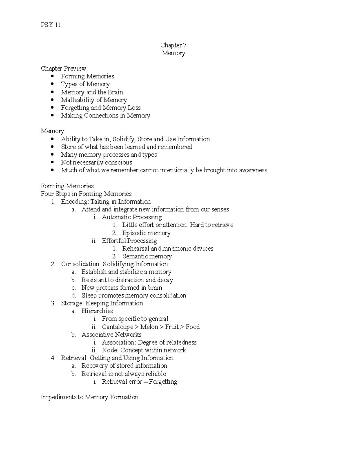 PSY 11 Ch 7 Notes - Dr. Shelley - PSY 11 Chapter 7 Memory Chapter ...