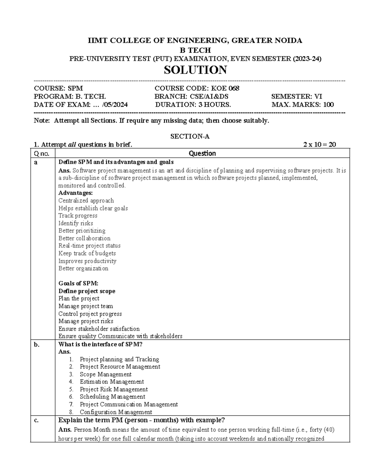 PUT(SEM.6) 2024 KOE 068 (SPM) Solution - IIMT COLLEGE OF ENGINEERING, GREATER NOIDA B TECH - Studocu